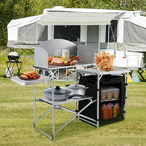 VEVOR Camping Kitchen Table, Aluminum Portable Folding Cook Station with Windscreen Cupboard, Storage Organizer Carrying Bag, Quick Installation, Outdoor Picnic Beach BBQ RV Traveling, Black