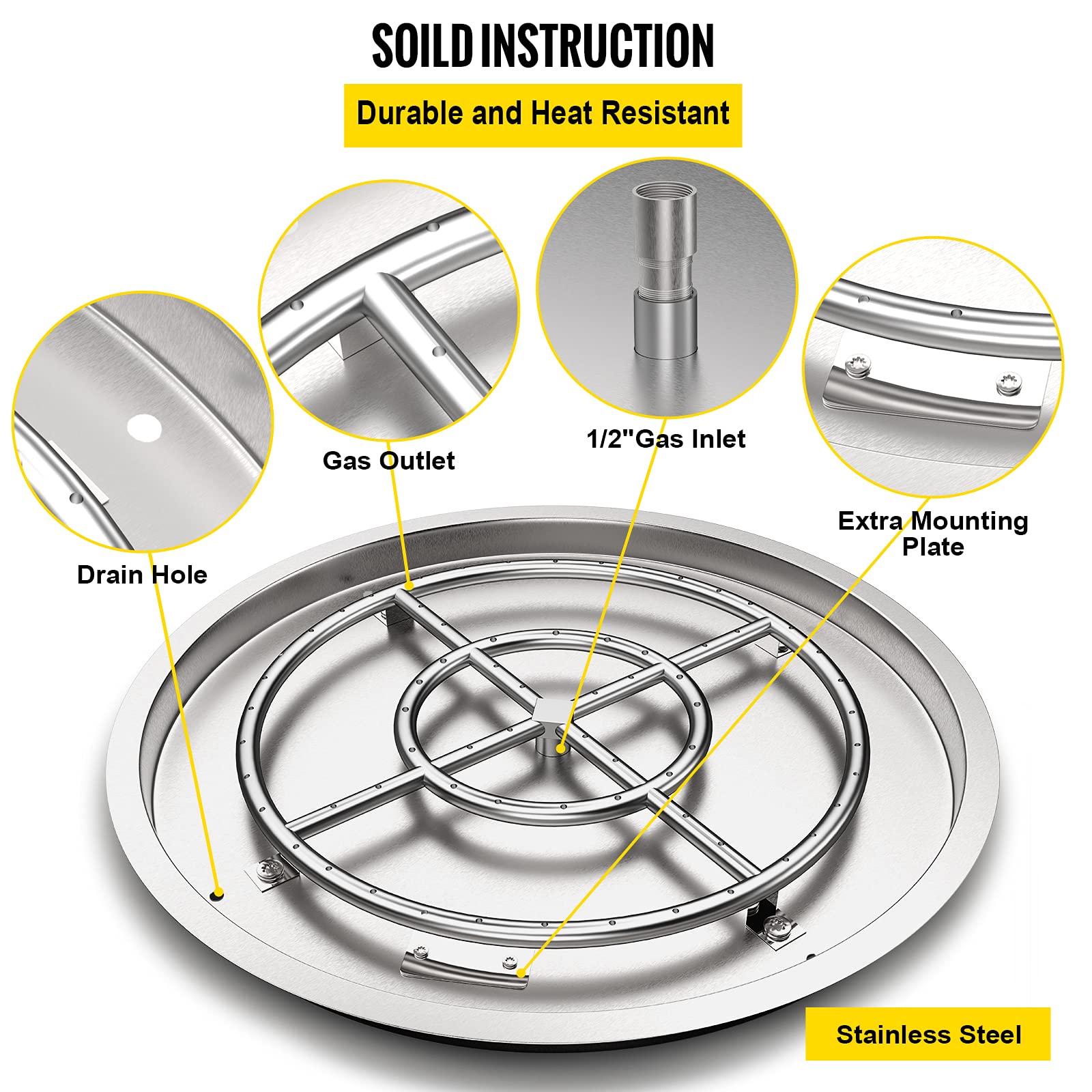 VEVOR Drop in Fire Pit Pan, 31" x 31" Round Fire Pit Burner, Stainless Steel Gas Fire Pan, Fire Pit Burner Pan w/ 1 Pack Volcanic Rock Fire Pit Insert w/ 300K BTU for Keeping Warm w/Family & Friends