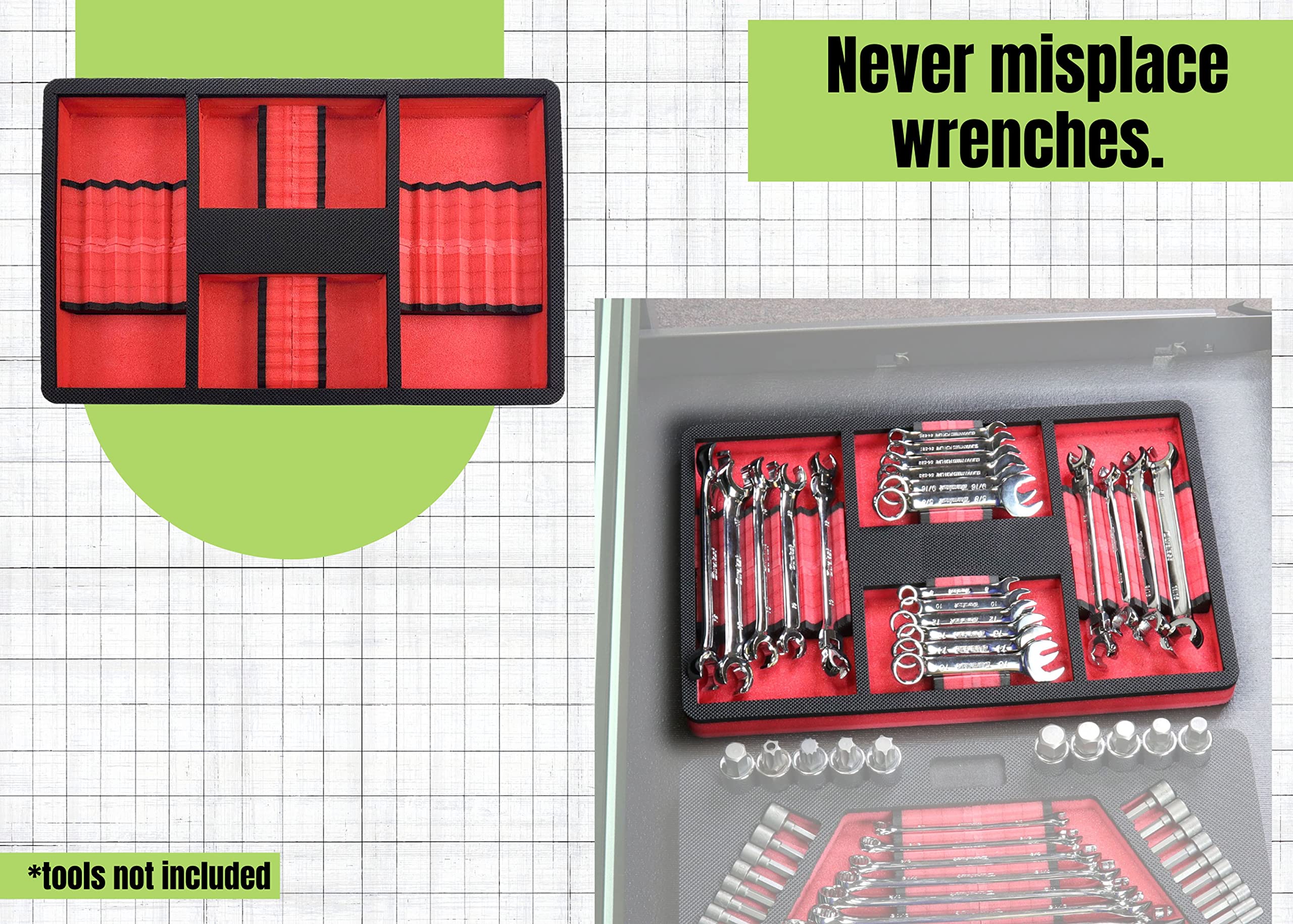 Polar Whale Tool Drawer Organizer Medium Wrench Holder Insert Red and Black Durable Foam Strong Tray 15 x 10 Inches Fits Duralast and Many Others
