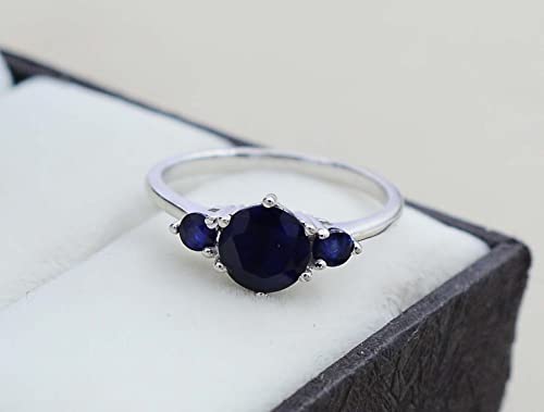 Three Stone Natural Blue Sapphire 7 MM Round Cut 925 Sterling Silver September Birthstone Cluster Unisex Proposal Ring Girlfriend Gift For Valentine Day (Rhodium Plated Silver, 6)