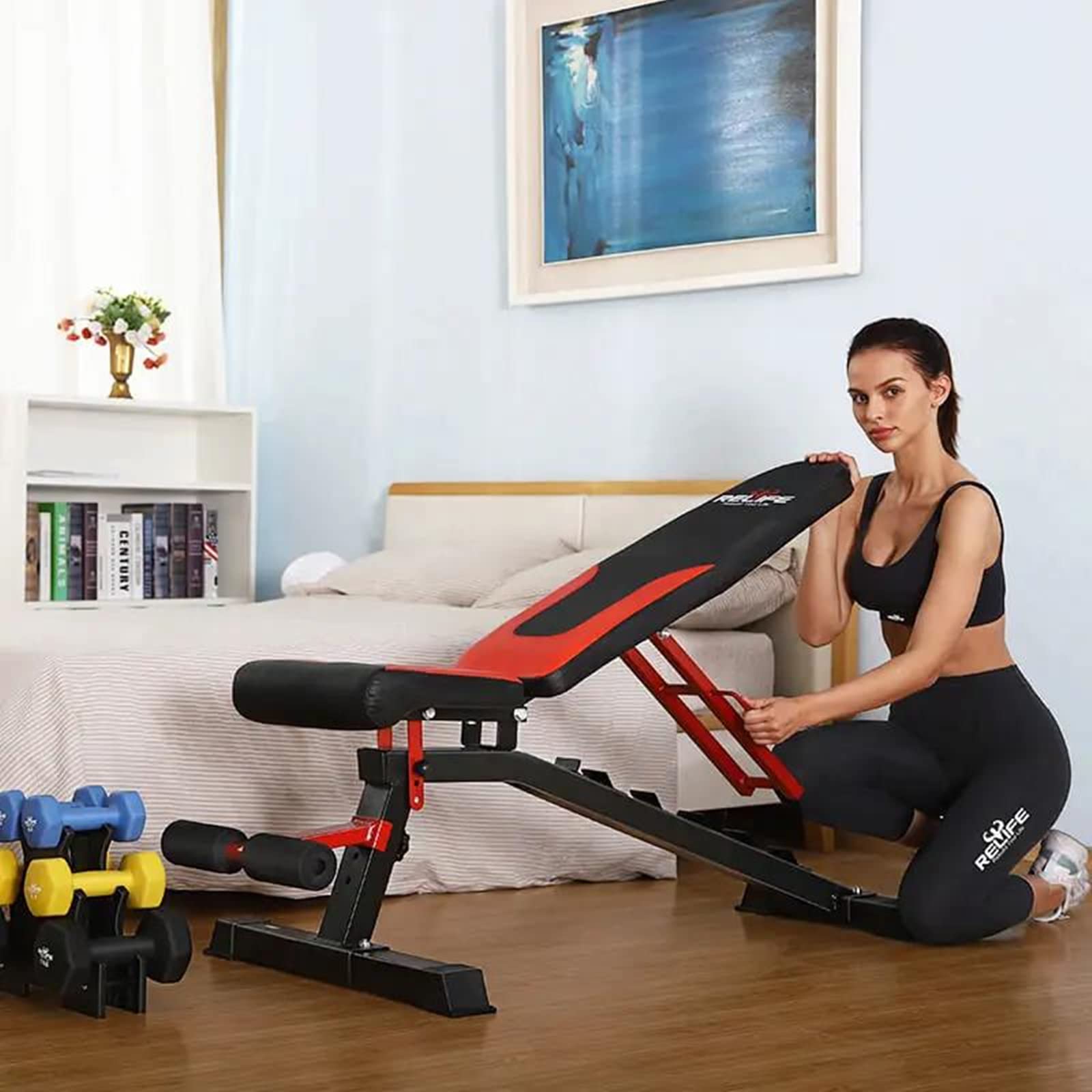 RELIFE REBUILD YOUR LIFE Adjustable Weight Bench, Workout Bench for Full Body Workout, Strength Training Bench, Heavy-Duty Bench Press Bench, Utility Incline/Decline Exercise Bench for Home Gym