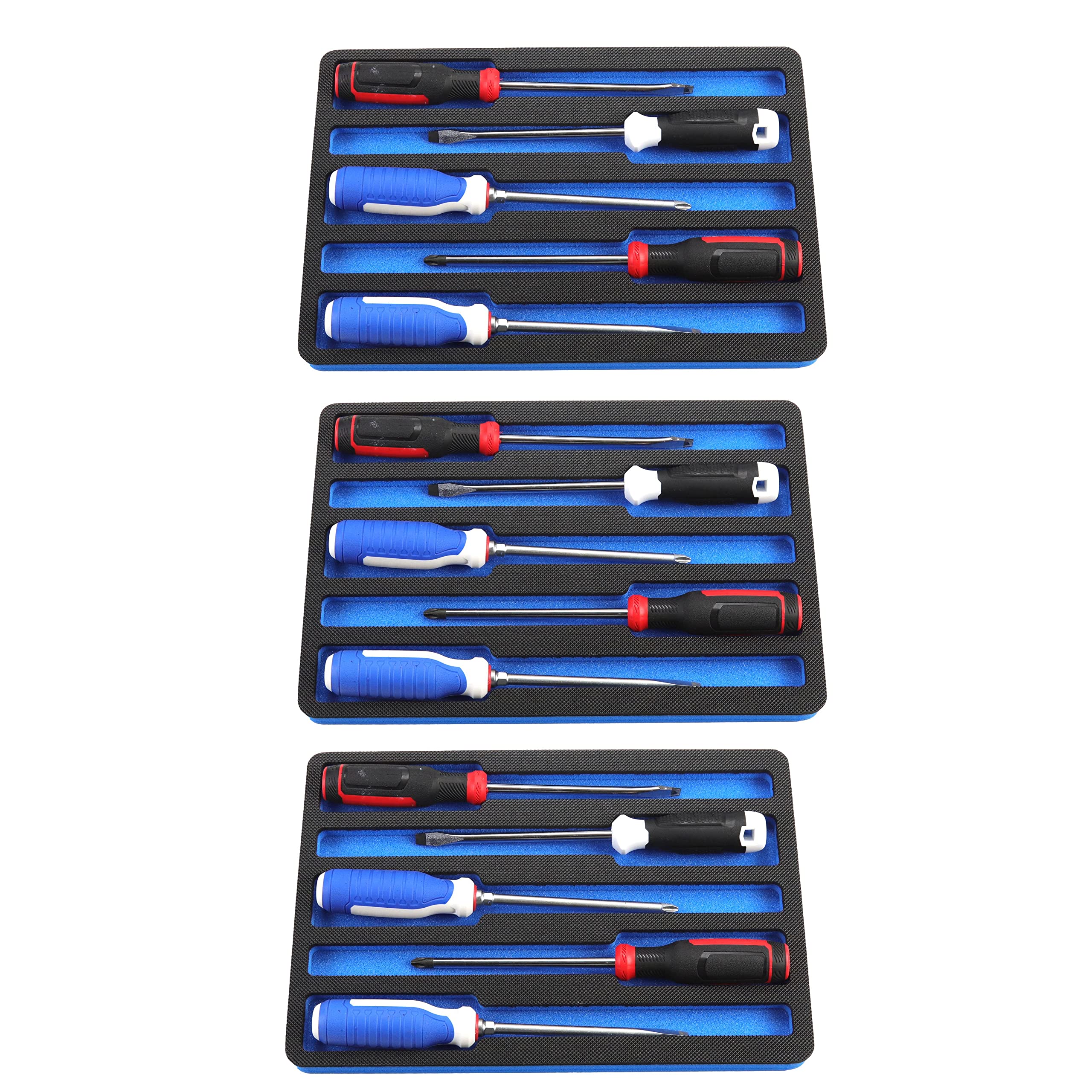 Polar Whale Tool Drawer Organizer 3-Piece Screwdriver Insert Set Blue and Black Durable Foam Holds Many Tools 15 x 10 Inch Trays Fits Craftsman Husky Kobalt Milwaukee Many Others