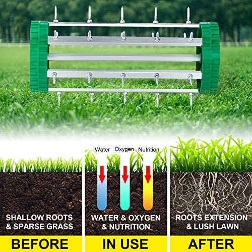 VEVOR Rolling Lawn, 51" L x 18" W, Steel Push Roller with Adjustable Handle, Grass Tool with Tine Spikes, Aeration Machine for Garden, Yard, Cropland to Loose Soil, Green