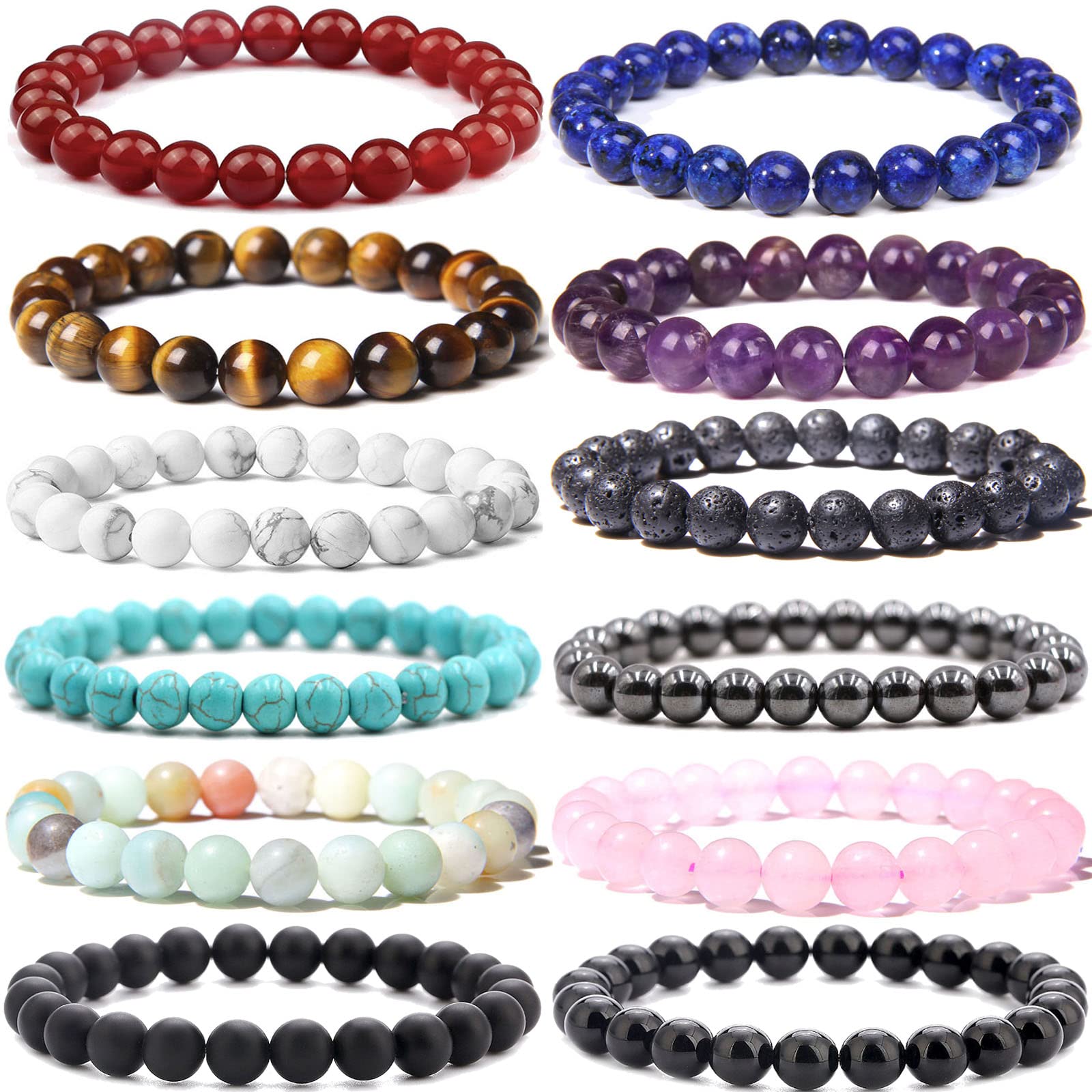 WAINIS 12 Pcs 8mm Gemstones Beaded Bracelets for Men Women Stone Bead Stretch Round Bead Crystal Semi-precious Bracelets Unisex