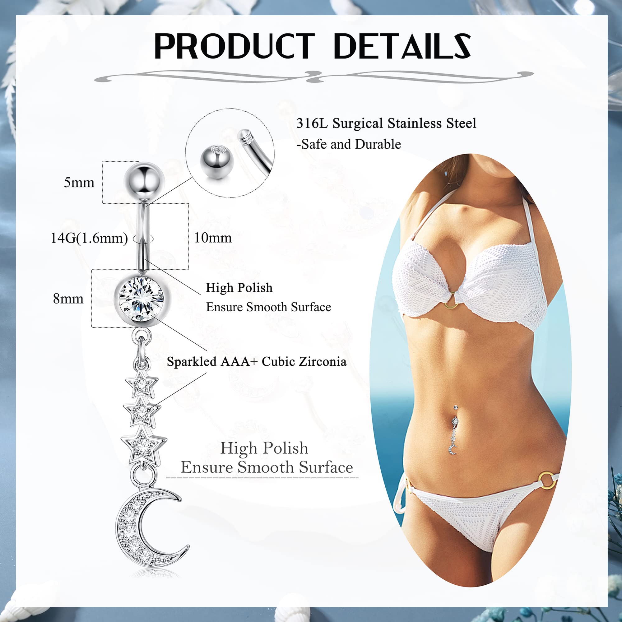 THUNARAZ 14G Belly Button Rings Dangle Surgical Steel Snake Evil Eye Heart Belly Button Ring for Women Clear CZ Navel Ring Sexy Belly Piercing Pack 9 Pcs