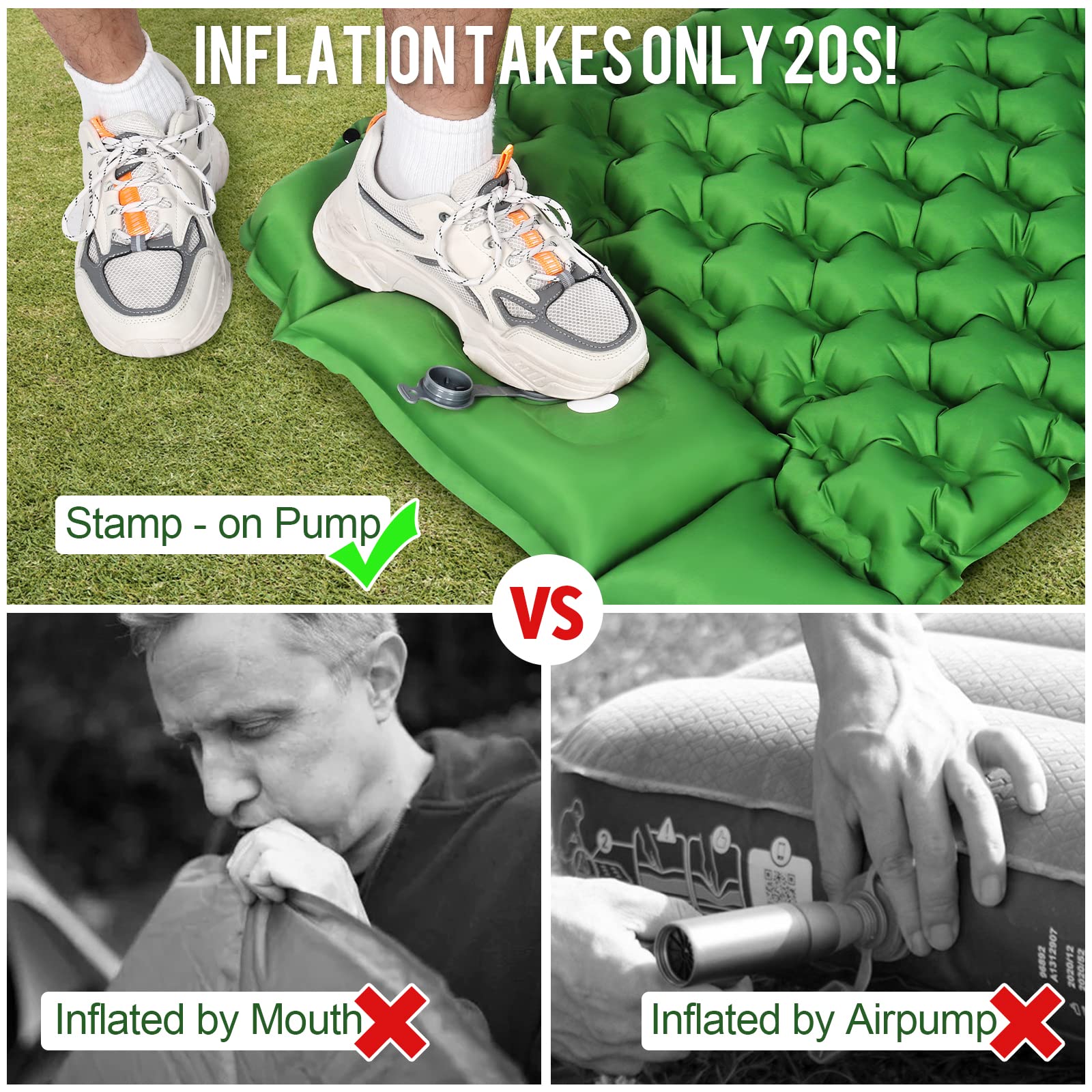 WANNTS Sleeping Pad, Ultralight Inflatable Sleeping Pad for Camping, Built-in Pump, Ultimate for Camping, Hiking - Airpad, Carry Bag, Repair Kit - Compact & Lightweight Camping Pad(Green)
