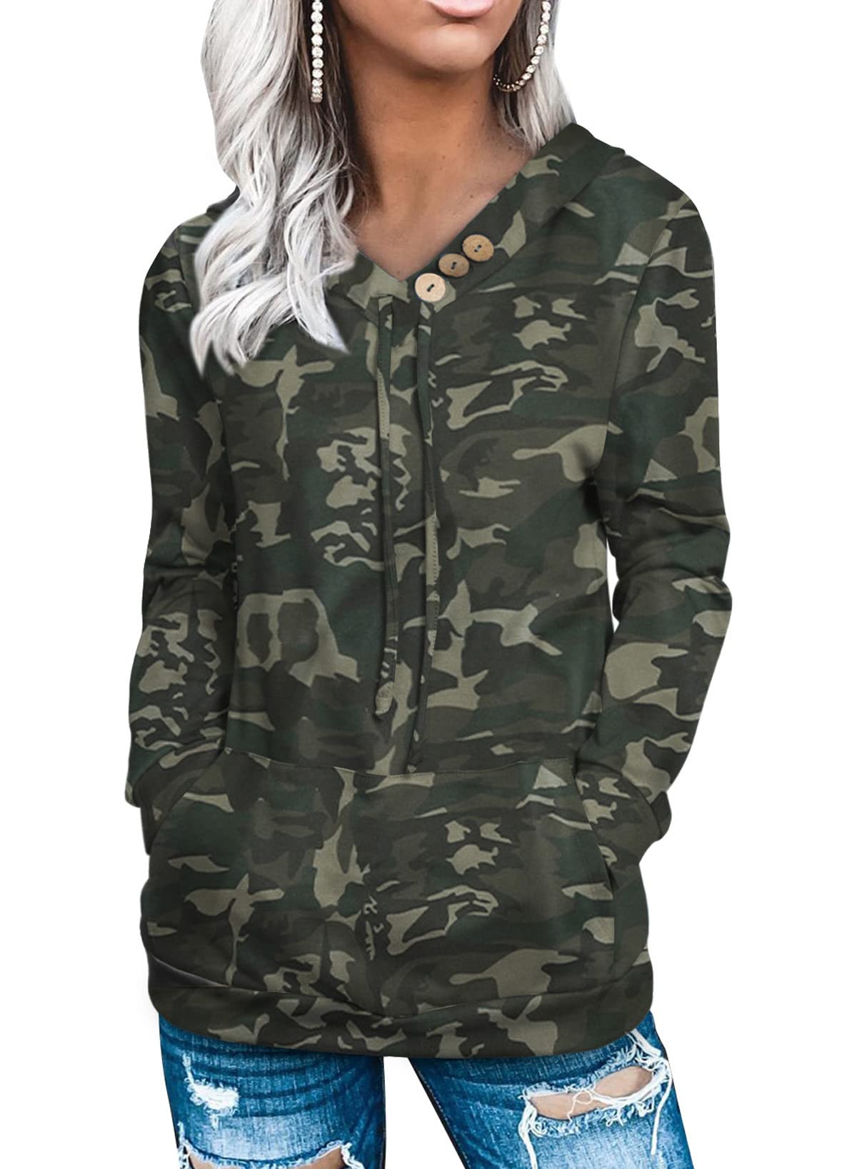 ROSKIKI Womens Hoodies Tops Casual Camo Print Long Sleeve Drawstring Button Sweatshirts Pullover Tops with Pockets Green Small