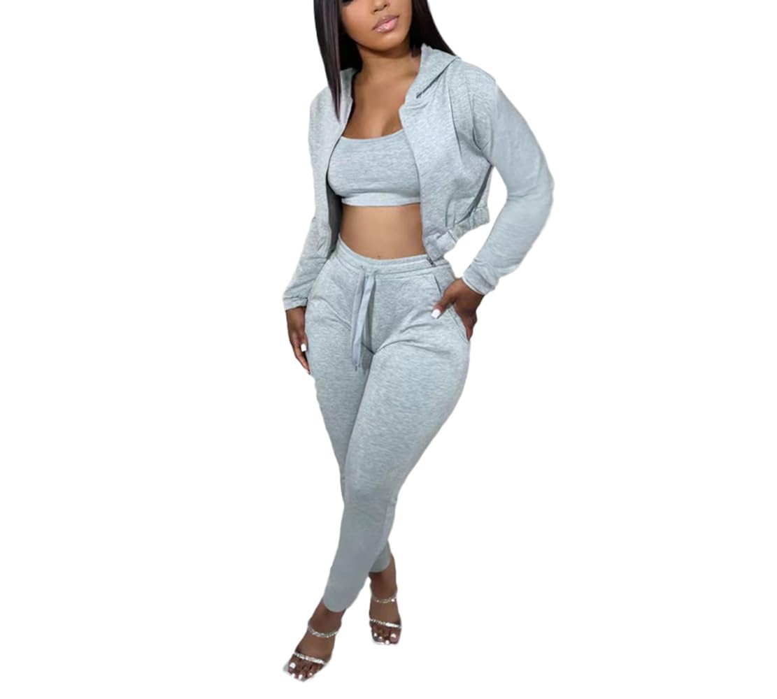 Womens Long Sleeves 3 piece Outfits Zip Up Jacket Crop Top + Tanks + Long Pants Sweatsuits Tracksuit Workout 2 Piece Set