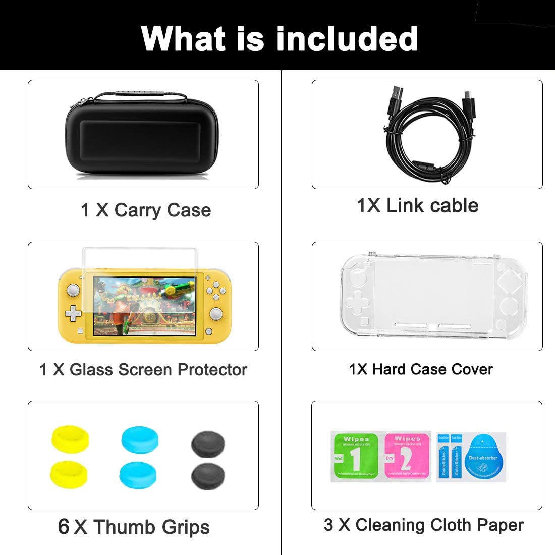 Vaparinckl Portable Protective Carrying Case for Nintendo Switch Lite, Hard Travel Accessories Kit Bundle Handbag with Card Slot, TPU Case Cover, PU Hard Case Cover, Tempered Glass Screen Protector