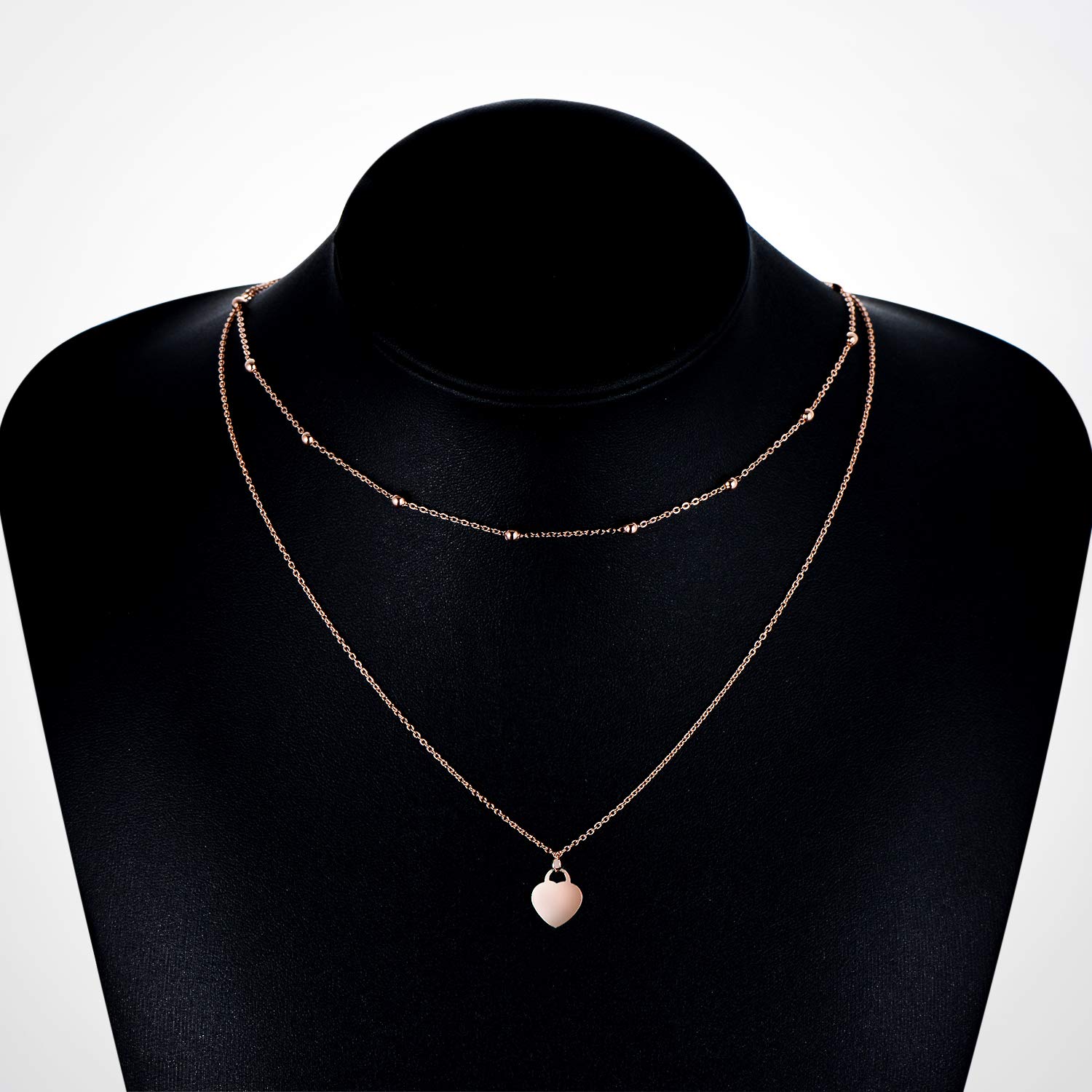 PEIMKO Sterling Silver Double Layered Choker Necklace for Women, Rose Gold Plated Silver Rosary Layered Necklaces Gift for Women