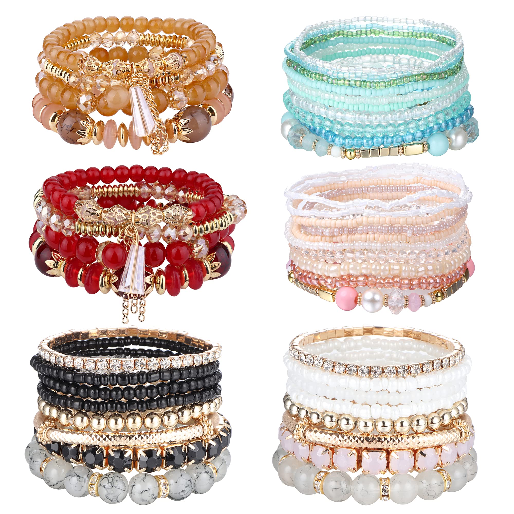 THUNARAZ 6 Sets Bohemian Beaded Bracelets for Women Multilayered Stackable Bracelet Pack Heart Pendant Crystal Bead Stretch Bracelet Trendy Adjustable Multicolor Jewelry