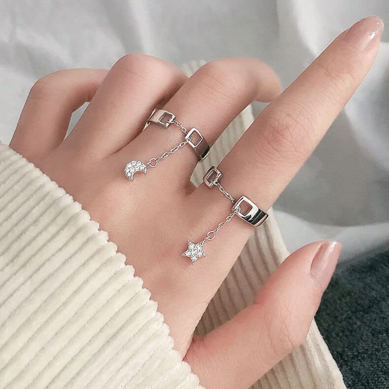 XCFS 2 Pack/Set Boho 925 Sliver Plated Cubic Zirconia Moon and Star Charms Chain Women Girls Adjustable Tassel Band Ring,Open Ring