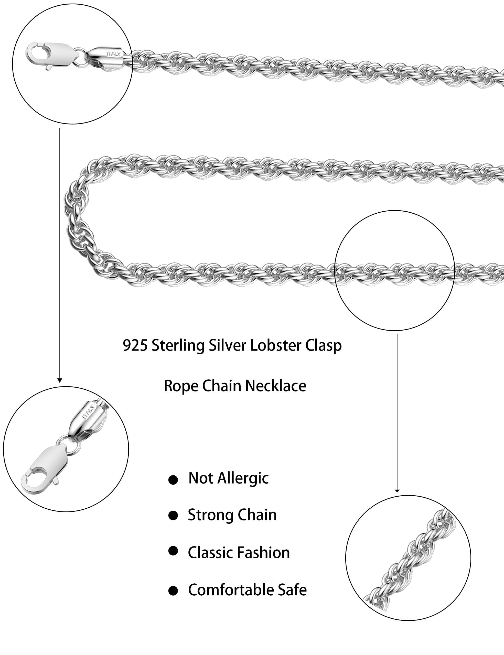 Waitsoul 925 Sterling Silver Rope Chain Lobster Clasp 2mm Silver Chain for Men Women Silver Necklace Chain 18 Inch