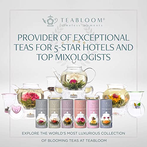 Teabloom Heart-Shaped Flowering Teas β 12 Assorted Blooming Tea Flowers β Green Tea + Jasmine, Pomegranate, Strawberry, Rose, Litchi & Peach