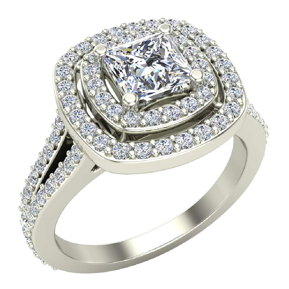 Princess Cut Diamond Cushion Style Double Halo V Shank Engagement Ring 1.50 Carat Total Weight 14K White Gold (G,I1) (RS 6.5)