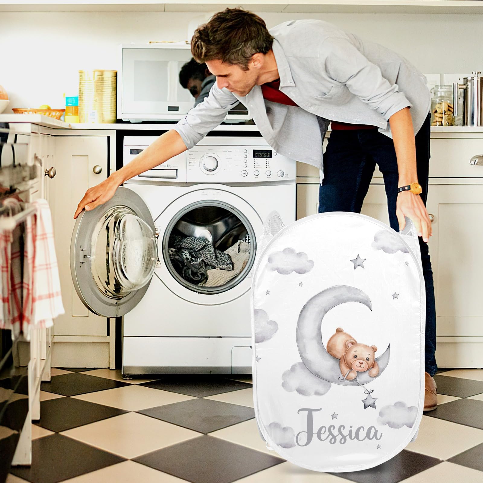 Teddy Bears Moon Clouds Stars Personalized Foldable Laundry Baskets Custom Toy Bag Storage Bag with Handle Customize Mesh Hamper Suitable for Bedroom or Bathroom