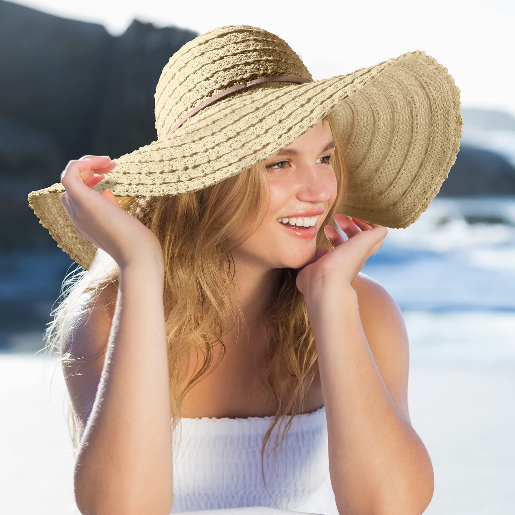 Sun Hats for Women, Floppy Beach Hats for Women Foldable, Wide Brim Summer Hat, Packable Sun Beach Floppy Hats Women Khaki