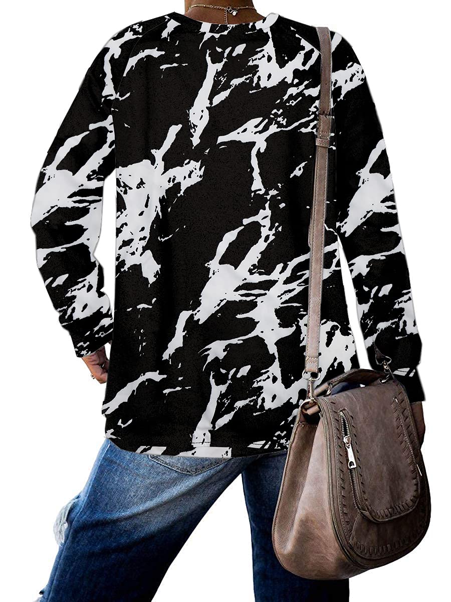 XCHQRTI Womens Crewneck Long Sleeve Sweatshirts Striped Casual Tops Printed Loose Pullover Shirts Marble Black Small