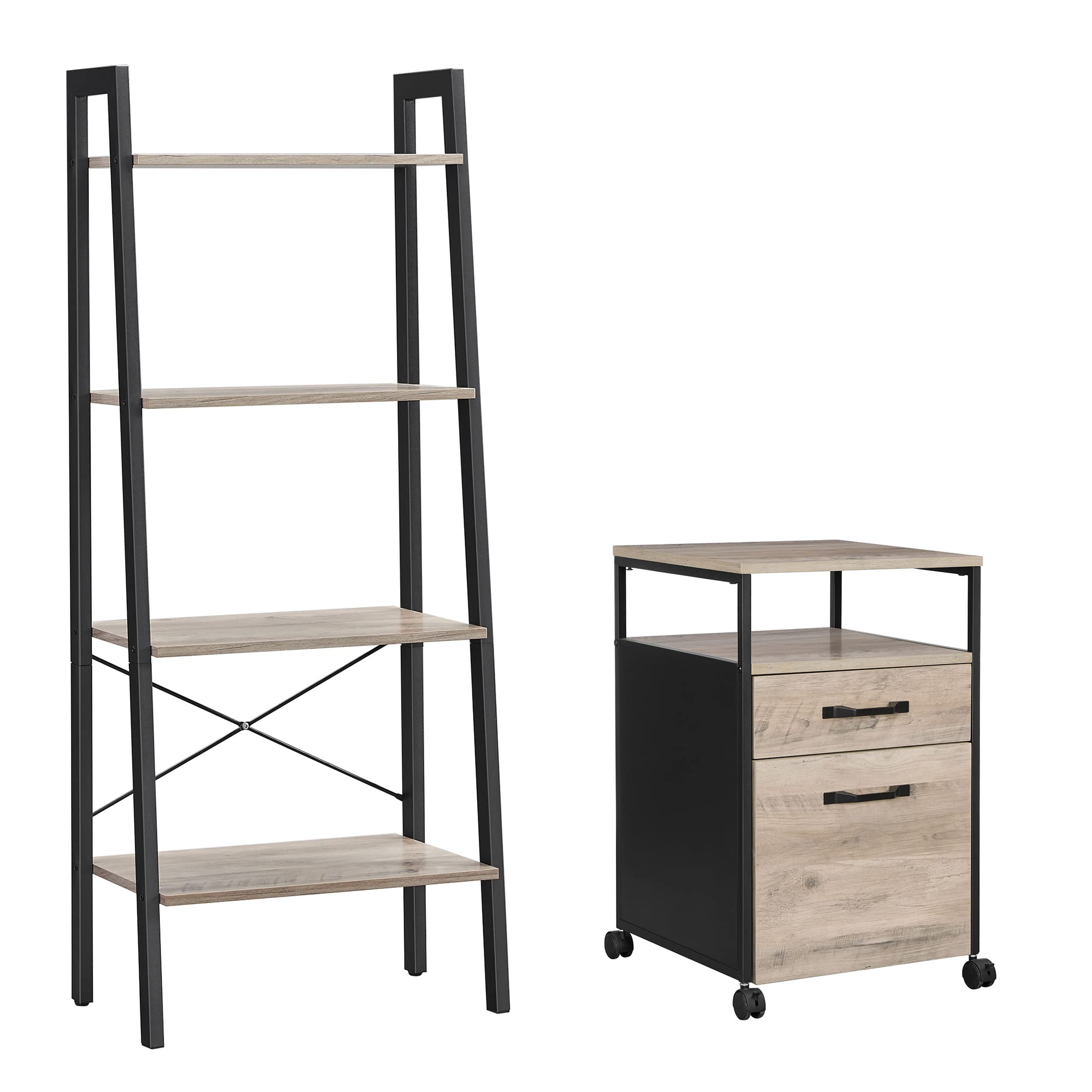 VASAGLE Ladder Shelf and Rolling Filing Cabinet Bundle, Industrial Style Office Storage Units, Mobile Cabinet on Wheels with Drawers, Greige and Black ULLS44MB and UOFC071B02