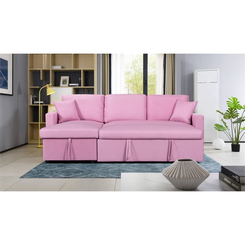 Pemberly Row Pink Fabric Reversible Sleeper Sectional Sofa w/Storage Chaise