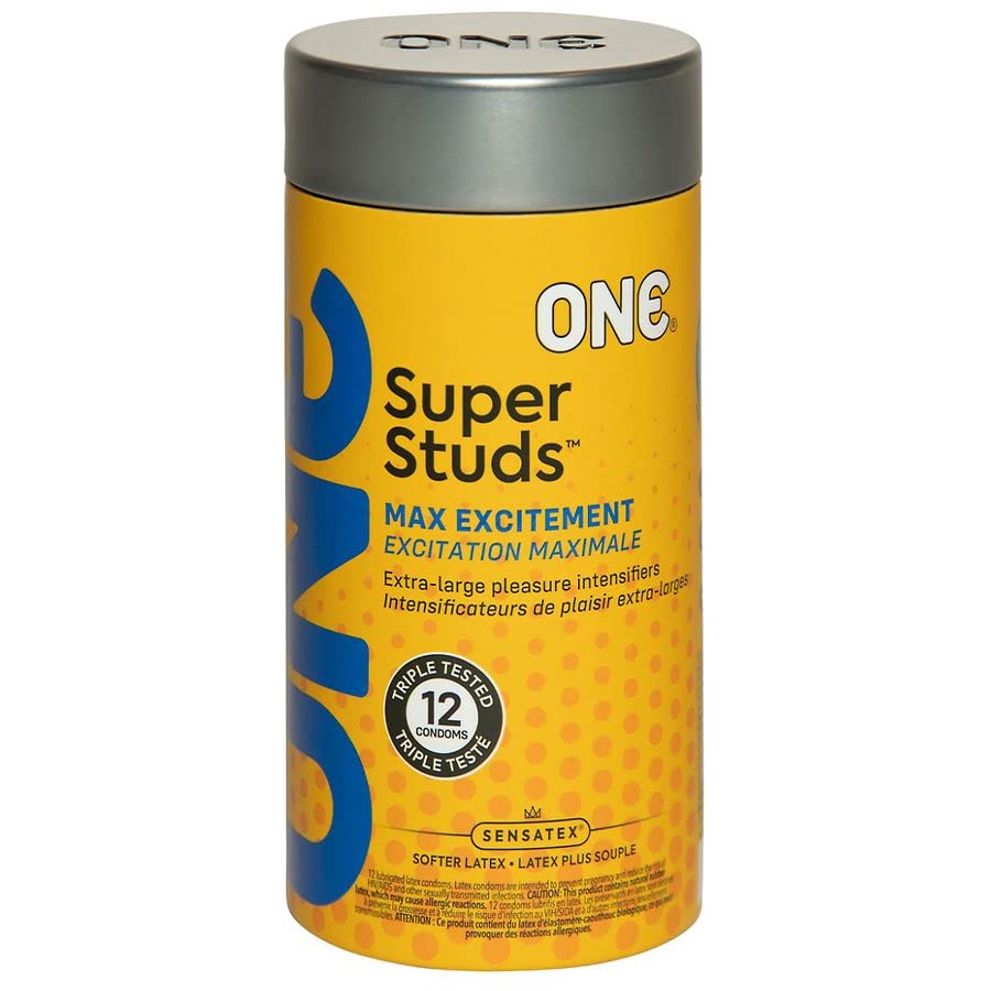 ONE Super Studs Condom Bundle with a Silver Lunamax Pocket Case, Studded Latex Condoms-12 Count