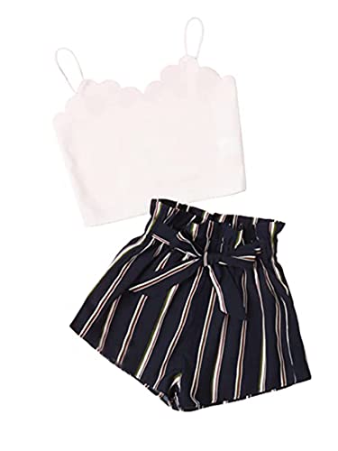 Romwe Girl's Cute 2PC Scallop Trim Cami Top & Paperbag Waist Belted Shorts Summer Set Stripe Blue 7Y