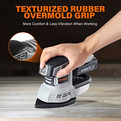 WORKSITE 20V MAX Cordless Random Orbital Sander & Detail Sander, Multi-Purpose Hand Sander w/2.0A Battery & Charger, 20pcs Sanding Discs, Dust Collector and Mouse Pad