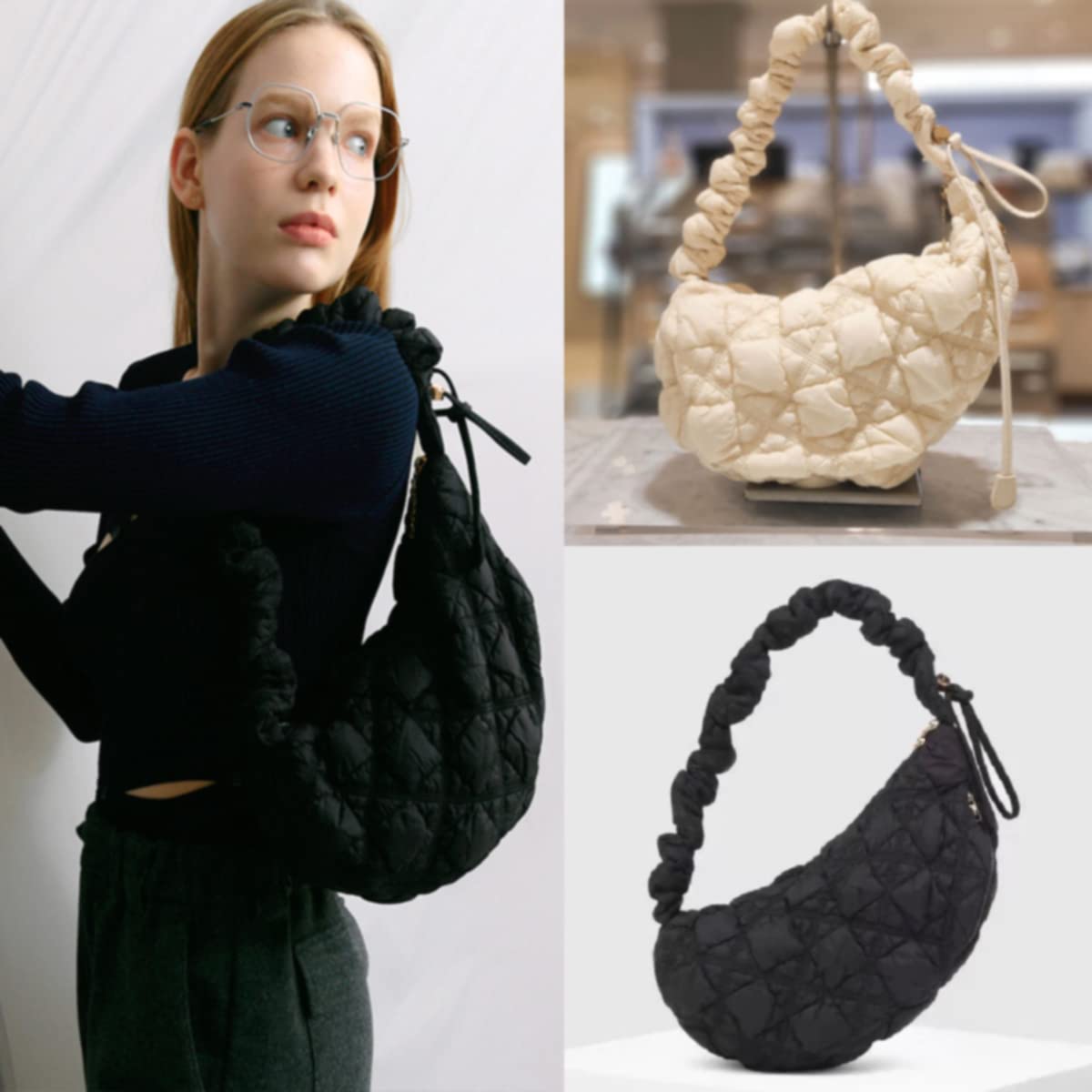Puffer Bag Quilted Padded Tote Bags for Women Puffy Hobo Purse Lightweight Down Cotton Crossbody Shoulder Bag Black