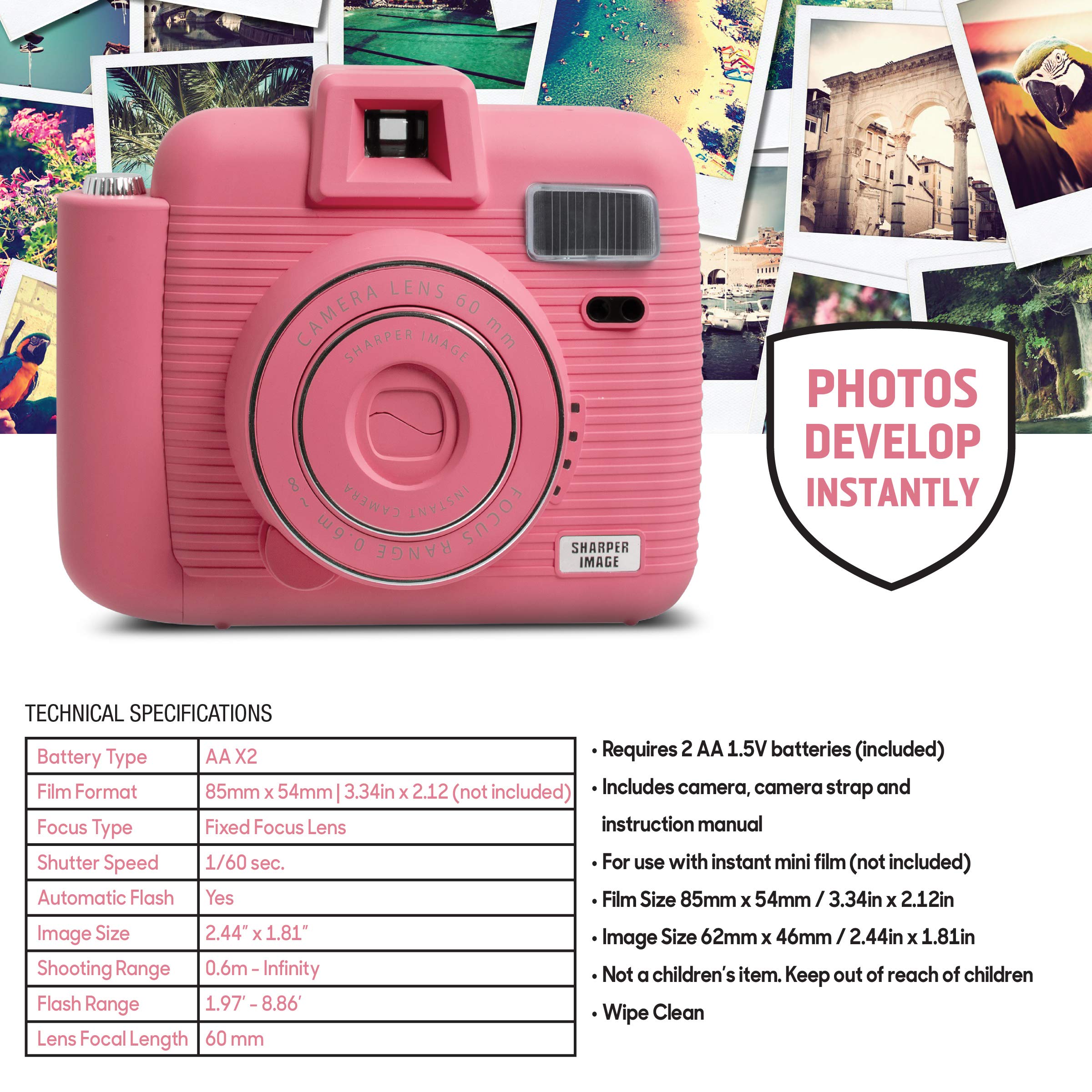SHARPER IMAGE Instant Camera with Flash and 5 Lighting Modes, Compatible with Instant Mini Film, Prints Photos in Seconds, Capture Memories Indoors or Outdoors! β Pink