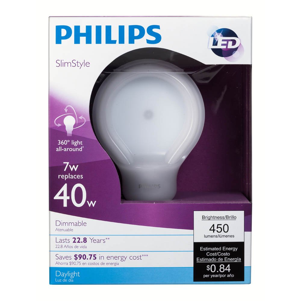 Philips LED Dimmable SlimStyle A19 Frosted Light Bulb: 5000-Kelvin, 7-Watt (40-Watt Equivalent), E26 Base, Daylight, 1-Pack