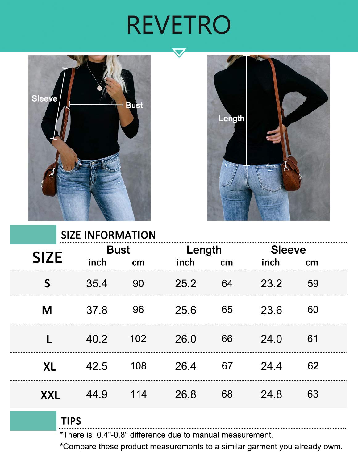 REVETRO Women's Turtleneck Long Sleeve Shirts Winter Fashion Slim Fit Tops Plain Basic Layering Lightweight T-Shirt Black M……