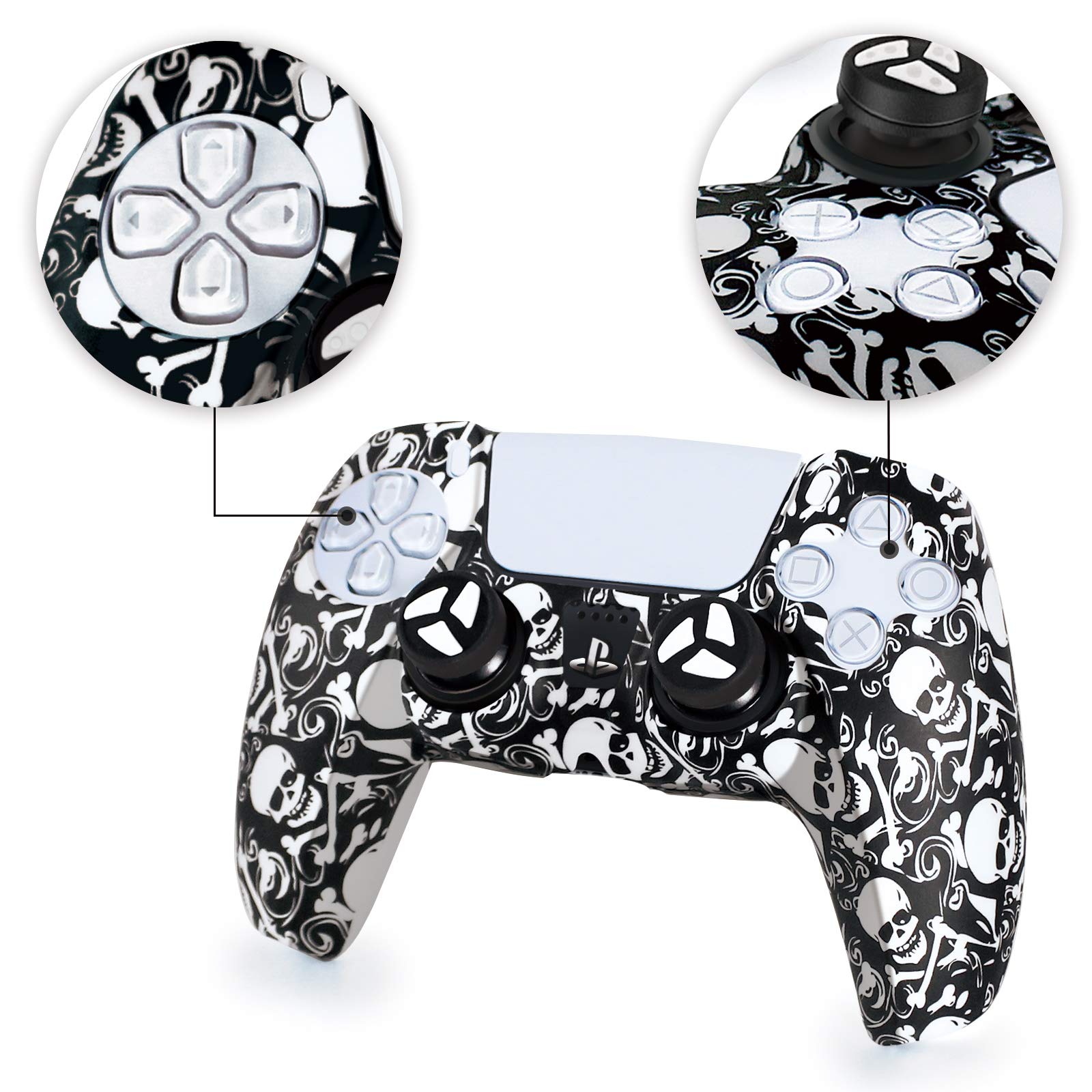SIKEMAY Silicone Printing Cover Skin for PS5 Controller Grip, Protective Case for Playstation 5 Accessories with 10 Thumb Grip Caps(Dark Skull)