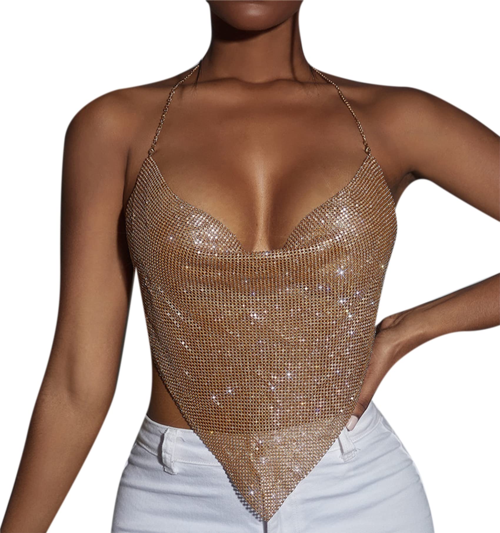 RARITYUS Women Sexy Shiny Rhinestone Tank Top Deep V Neck Chain Crop Top Shirt for Night Club Party Rave Outfit (Beige)