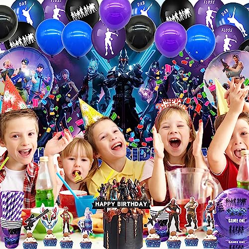 Video Game Party Supplie For 20 Guest, 288 Pcs Birthday Decorations includes Happy Birthday Banner, Backdrop, Balloon, Cake Topper, Tableware, Napkins, Stickers