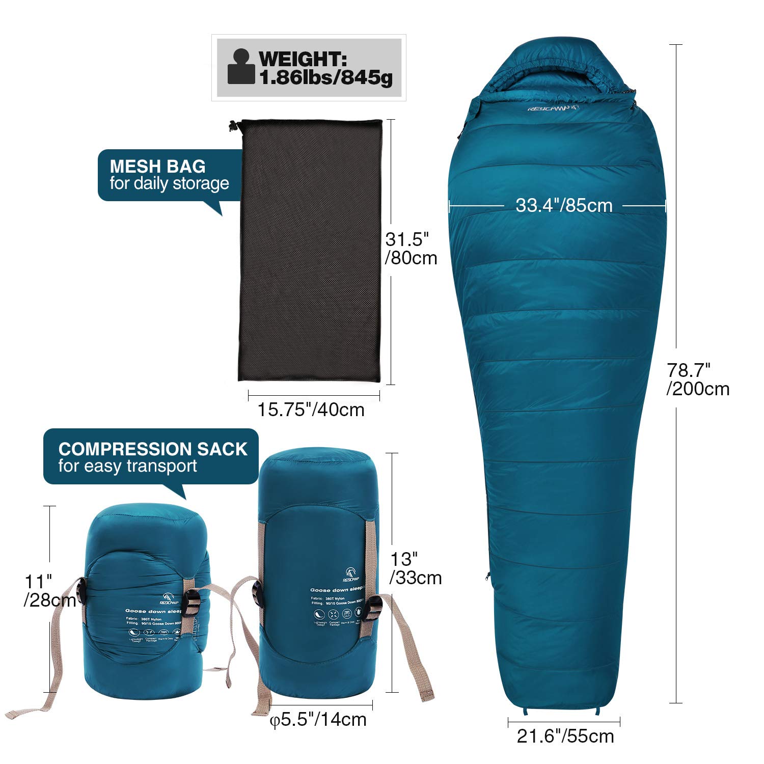 REDCAMP Mummy Goose Down Sleeping Bag Ultralight for Backpacking, 59 Degree F 800 Fill 3 Season Sleeping Bag for Camping Hiking, Cyan