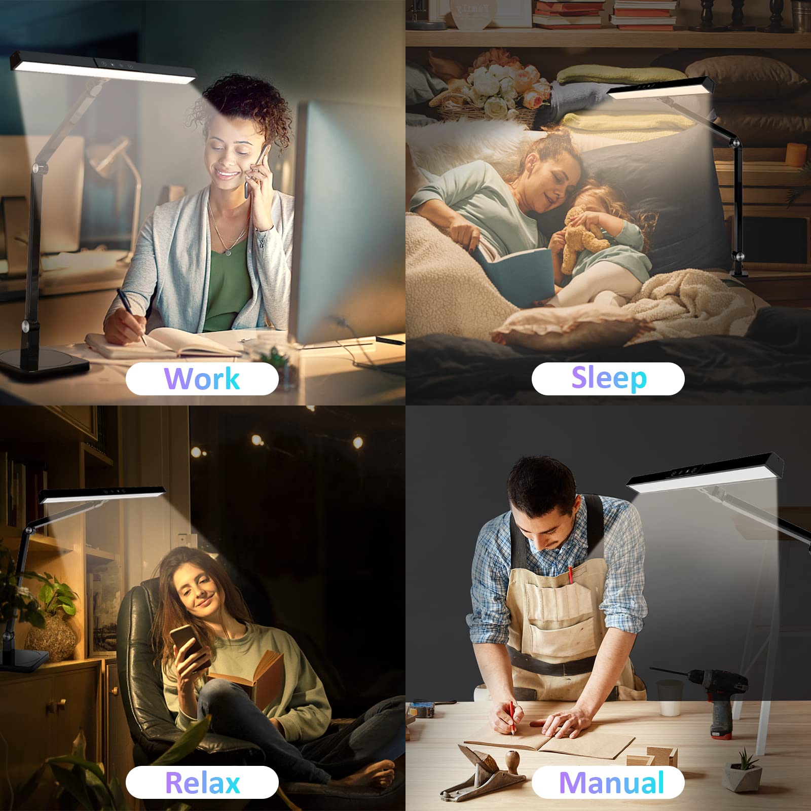 Smaeti Desk Lamp Desk Lamps for Home Office, Eye-Caring Dimmable Desk Lamp with Clamp & Base - 5 Color Modes 5 Brightness Levels,Touch Control Desk Lights for Study Work
