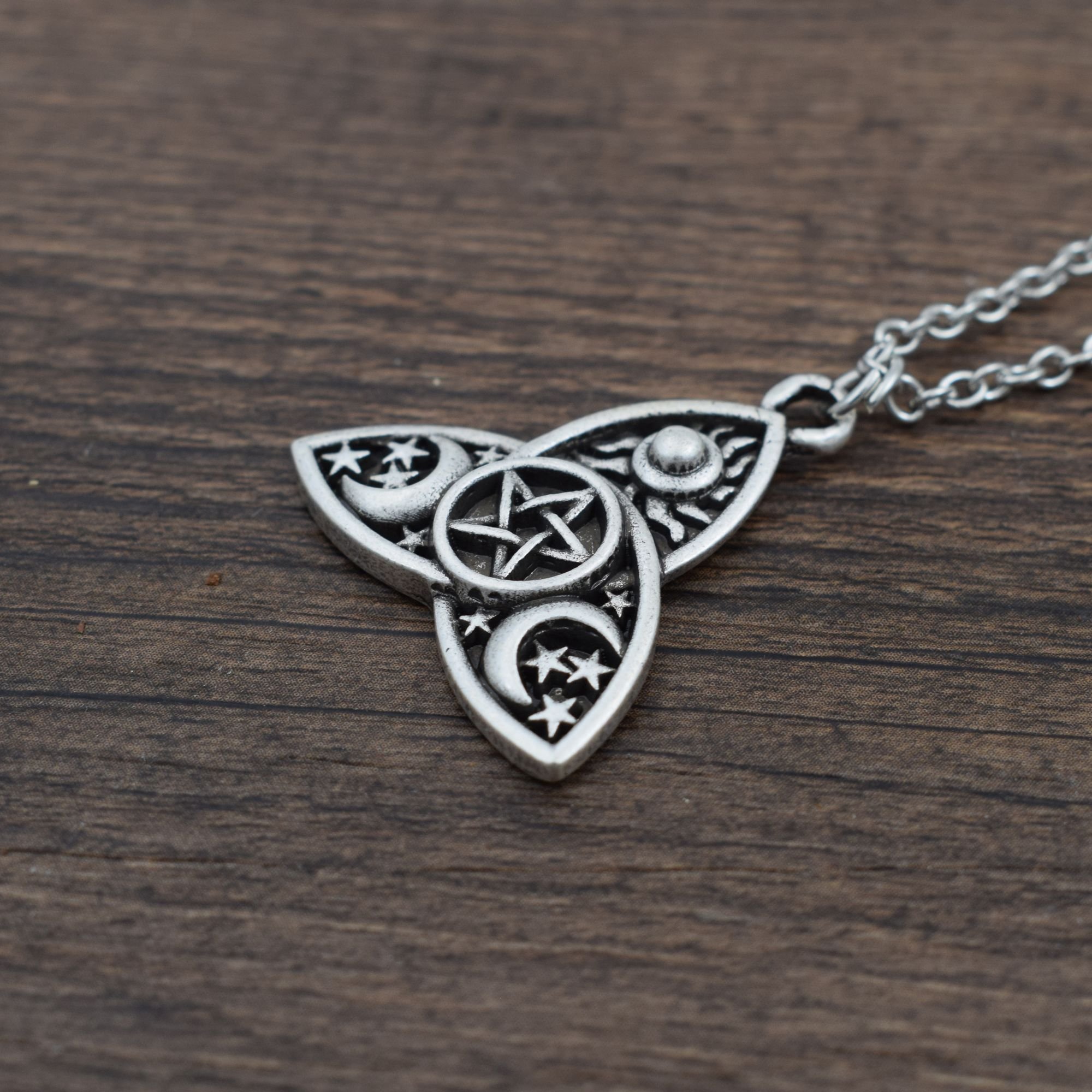 SanLan Triple Moon Goddess Triquetra Pentacle Necklace Pagan Wicca Pendant Necklace