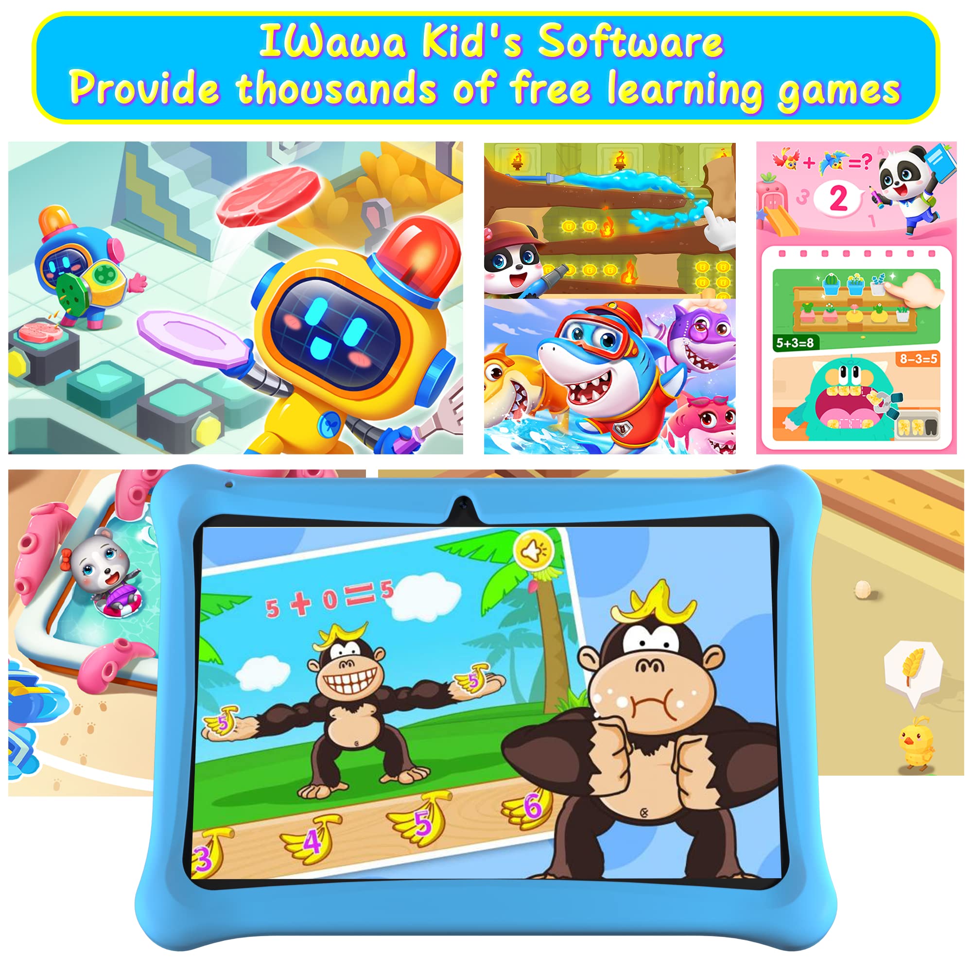 SGIN Tablet for Kids, 2GB RAM 64GB ROM, 10 Inch Android 12 Kids Tablet with Case with Parental Control APP, Dual Camera, WiFi, Educational Games,iWawa Pre Installed (Sky Blue)