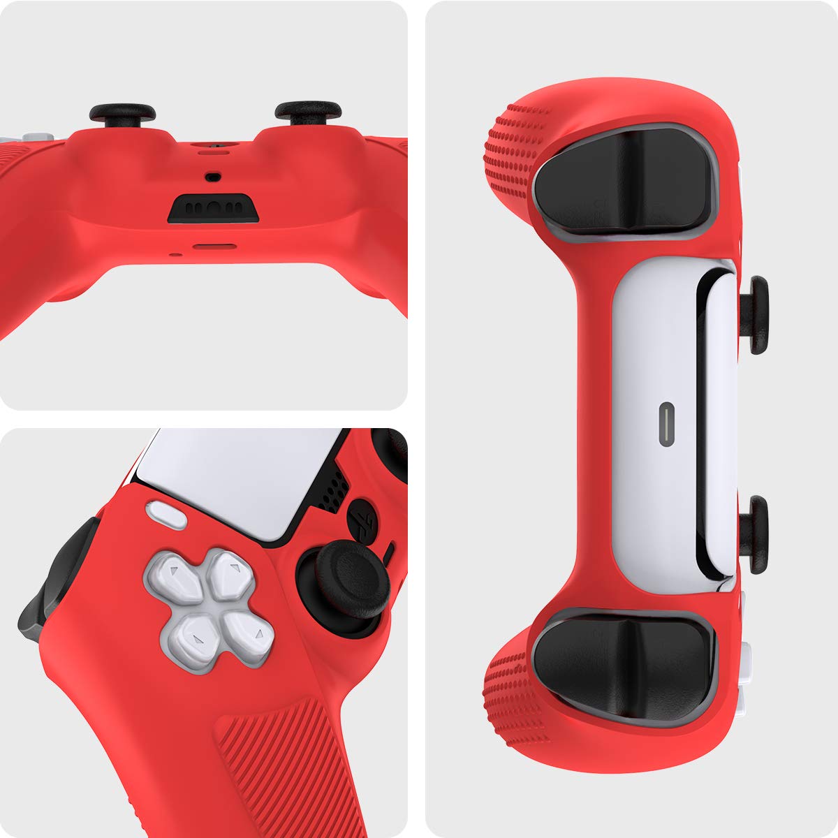 TOLUOHU Silicone Case Cover Skins for Sony PS5 DualSense Controller, Anti-Slip Design Silicone Protector Case Accessories Set for Playstation 5 Gamepad with 4 Thumb Grips/1 Hand Strap(Red)