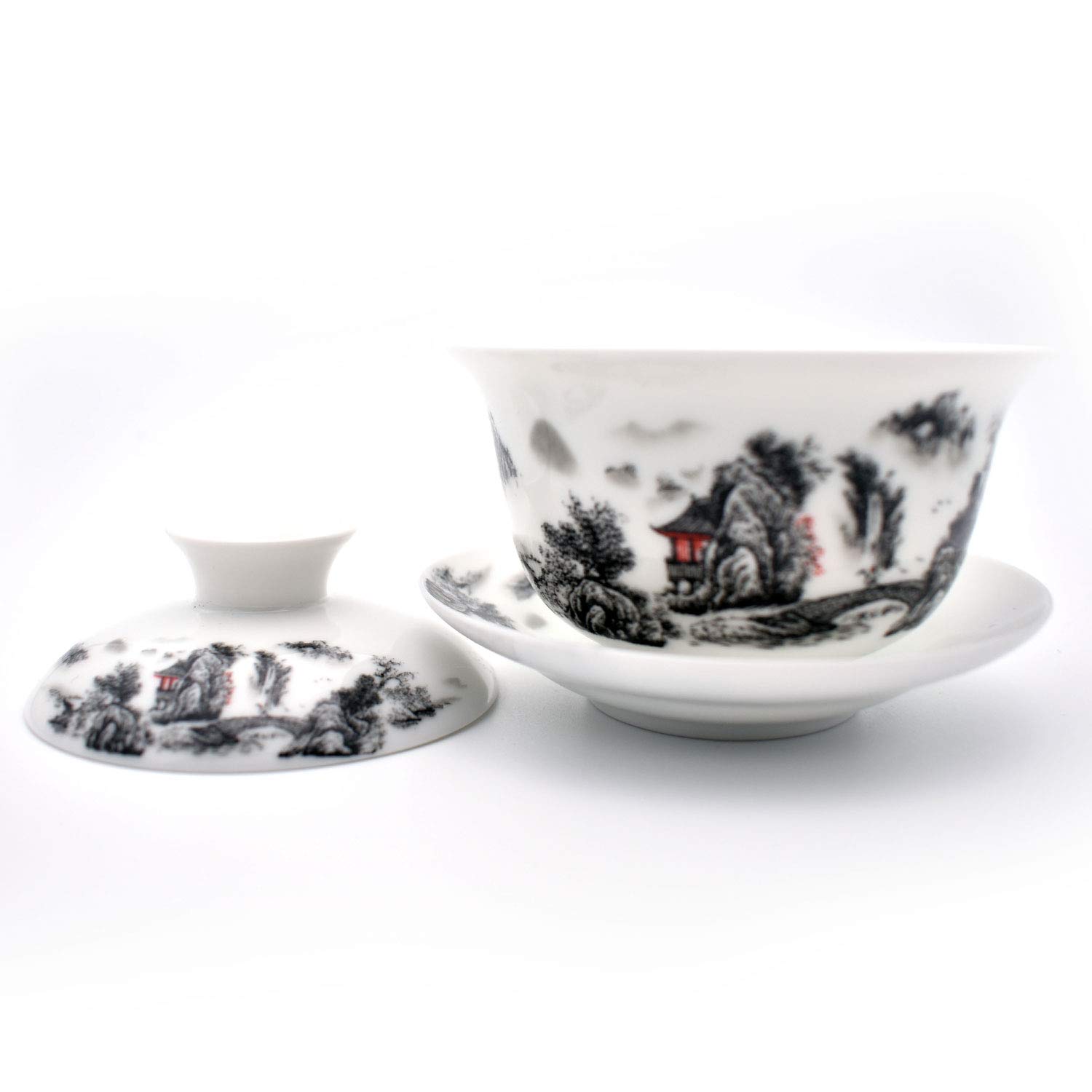 Teacups set,QMFIVE,Chinese Traditional Teaware Blue and White Porcelain Gaiwan Kungfu Tea bowl with Lid and Saucer - 6oz/180ml,Seclusion