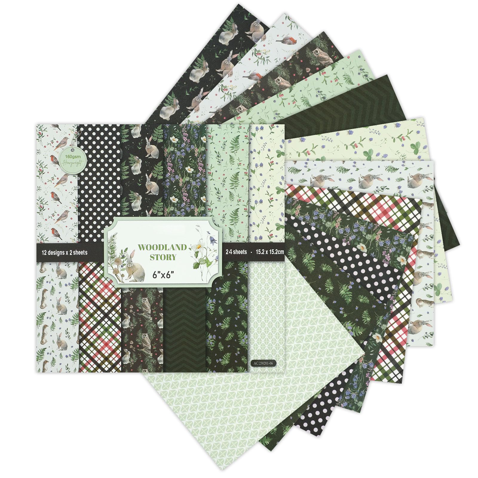 PUIKSXER 24 Sheets Forest Themed Scrapbook Paper, 6 x 6 Inches Animals Green Leaves Dots Pattern Paper Single-Sided Decorative Cardstock for Junk Journal Card Making Background Paper