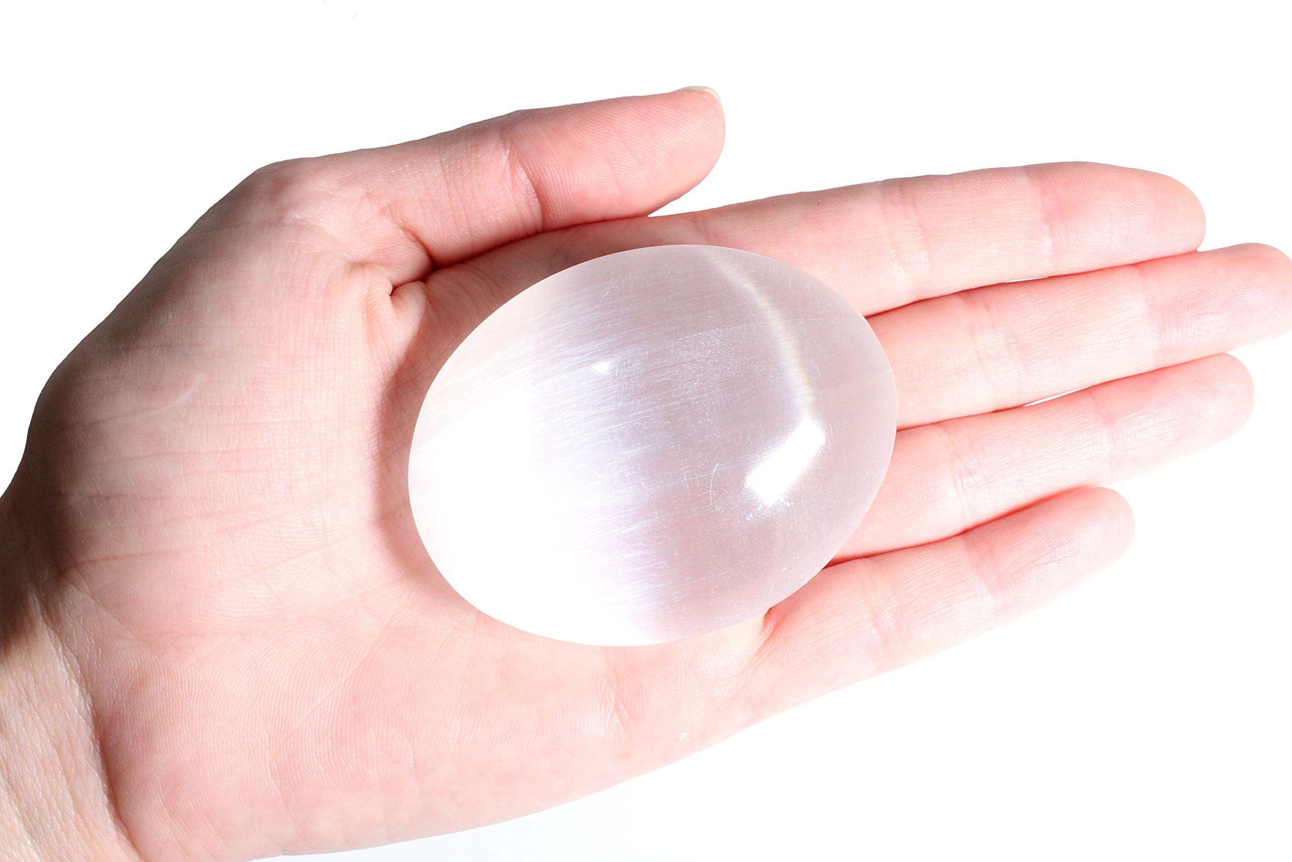 Selenite Crystal Palm Stone - Worry Stone - Spiritual Healing Massage Palmstone with Certificate of Authenticity by Dey Designs