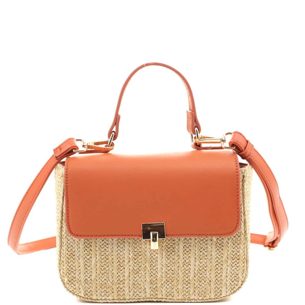 Womens Top-Handle Straw Rattan Structured Small Medium Flap Satchel Purse Crossbody Bag (Minimal Top-Handle - Tan)