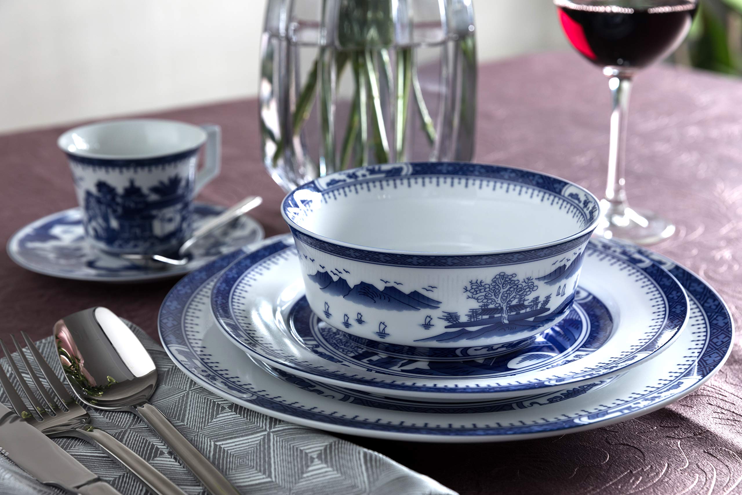 Pangu HandMade 10-Piece Dinnerware Set, Service for 2, Delft Blue, Blue and White, 2 Bowls, 2 Dishs, 2 Salad Plates, 2 Mugs and Saucers