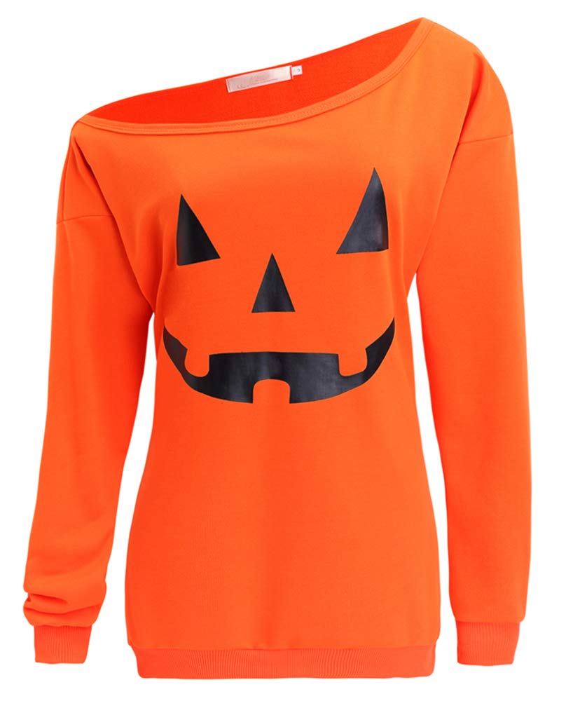 RJXDLT Women's Halloween Shirt Slouchy Sweatshirt Off Shoulder Pumpkin Pullover 97 Orange S