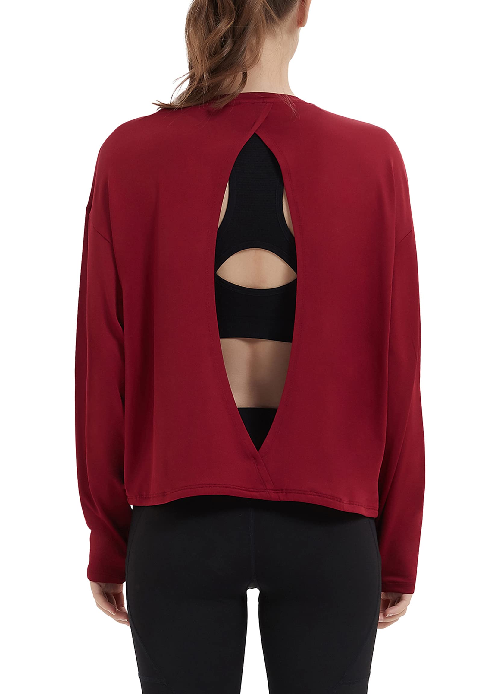 Women Long Sleeve Open Back Workout Yoga Shirts with Thumb Hole- Crew Neck Backless Athletic Loose Fit Gym Top Shirt Black