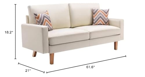 Pemberly Row Beige Linen Fabric Sofa with Square Arms and 2 Throw Pillows