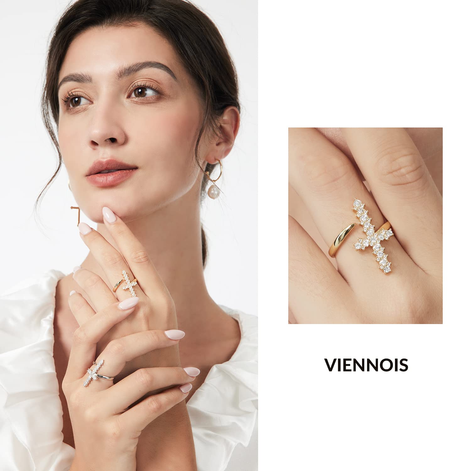 VIENNOIS Cubic Zirconia Cross Rings for Women Men,Adjustable Cubic Zirconia Wrap Open Ring Statement Jewelry(Gold/Silver)