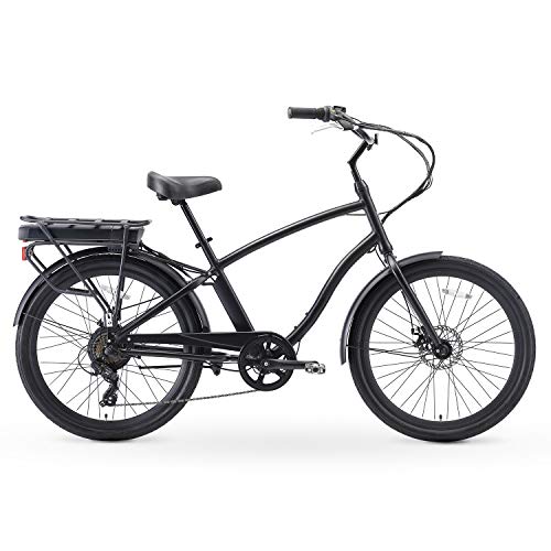 sixthreezero EVRYjourney Men's Electric Bike, 7-Speed Beach Cruiser eBike Bicycle, 250 Watt Motor, 26 Inch Wheels, Matte Black