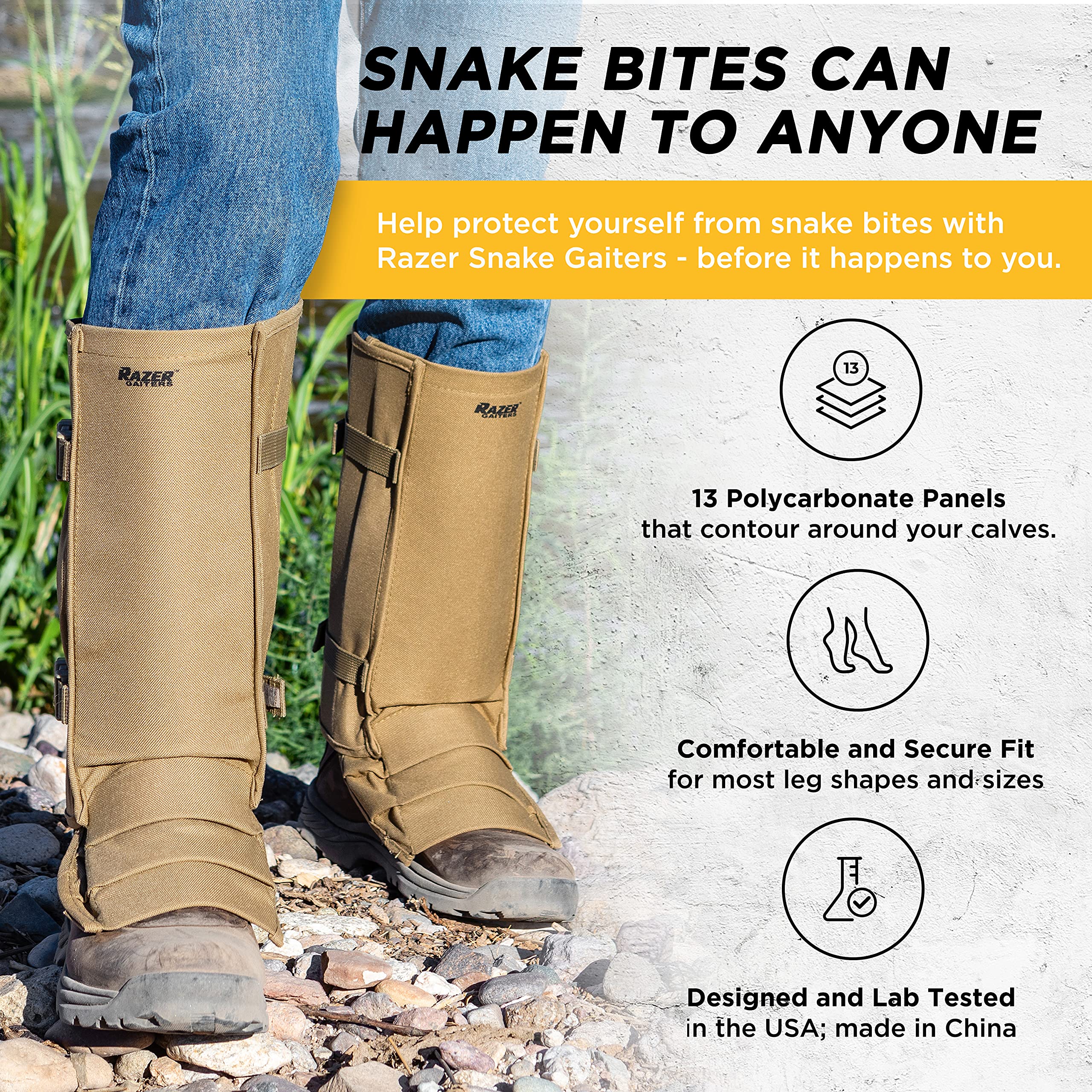 Razer Snake Gaiters for Hiking and Hunting - Snake Bite Protection Guards for Lower Legs with Storage Bag, Heavy Duty, Adjustable, Lightweight Design fits Men and Women - Lab Tested in USA (Tan)